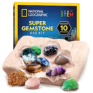 NATIONAL GEOGRAPHIC Gemstone Dig Kit – Dig Up 10 Real Gemstones and Crystals, Science Kit for Kids, Gem Digging Kit, Gift for Girls and Boys, Mining Kit, Rock Collection