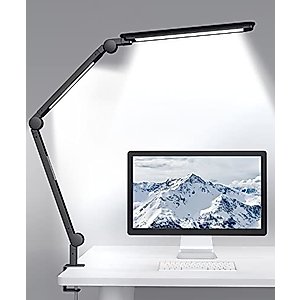 Lithomy LED Desk Lamp, Flexible Desk Light with Clamp, Reading Desk Lamps for Home Office, Dual Light 25 Lighting Eye-Caring Modes Table Lamp with Solid Base, Eye-Caring Desk Lamp with Remote Control