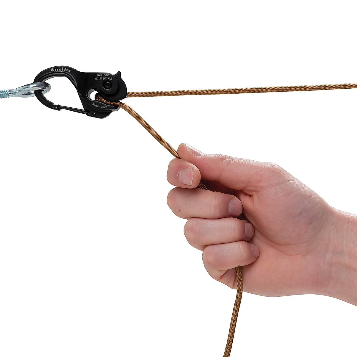 Nite Ize CamJam XT Aluminum Rope Tightener - Versatile Tie Down Cam Mechanism with Carabiner Clip - Secure Hiking Gear Essential - Rope Tie Down Accessory - Black/Coyote