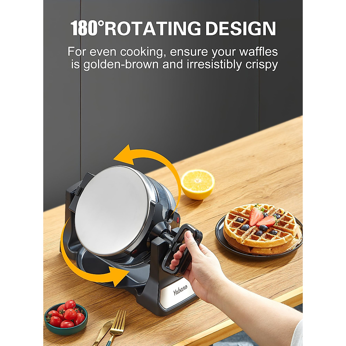 Belgian Waffle Maker, Classic Rotating Waffle Iron with Nonstick Plates, Removable Drip Tray and Cool Touch Handles, Double Flip Waffle, Rotating Belgium Waflera Maker by Yabano, Brushed Stainless