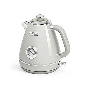 Hazel Quinn Retro Electric Kettle - 1.7 Liters / 57.5 Ounces Tea Kettle with Thermometer, All Stainless Steel, Fast Boiling 1200 W, BPA-free, Cordless, Rotational Base, Automatic Shut Off - Ice Gray