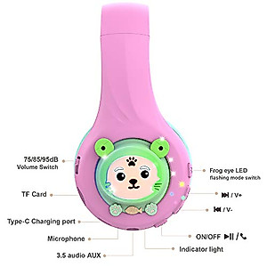 Riwbox Kids Bluetooth Headphones, Baosilon FB-7S Frog Kids Toddler Headphones for School with Mic, 75/85/95dB Volume Limited Light Up Wireless Headphones Over Ear for Girls (Pink&Green)