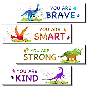 UBLURO 4 Pieces Watercolor Dinosaur Wall Art Decors - Motivational Wall Art，Watercolor Dinosaur Wooden Hanging Wall Prints Plaques，Watercolor Dinosaur Room Decor for Boys Room