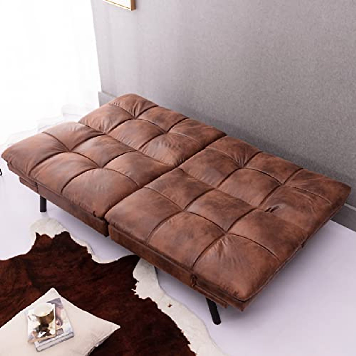 GLANZEND Retro Convertible Futon Sofa, Memory Foam PU Couch Folding Sleeper Bed with Adjustable Armrests, Faux Leather Thicker Cushion for Living Room Apartment Office, Brown