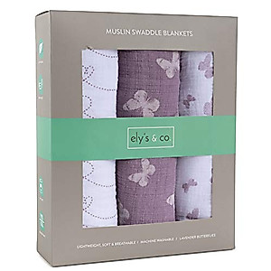 Ely's & Co. Muslin Swaddle Blanket 100% Soft Muslin Cotton 3 Pack 47"x 47" (Lavender Butterfly)