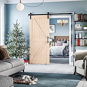 SmartStandard 36in x 84in Barn Door Kit, (2-Panel Sliding Door & Pull and Handle Set & Floor Guide), Pre-Drilled Ready to Assemble, Natural Unfinished Solid Wood Door, K-Frame (Fit 6FT -6.6FT Rail)