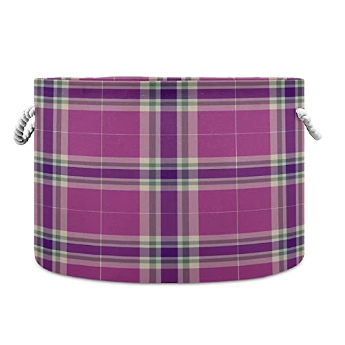 Kigai Purple Plaid Tartan Round Storage Basket, Toy Basket Bin with Cotton Rope Handle, Laundry Basket Hamper, Clothes Organizer 20 x 14 In