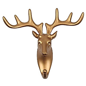 bouti1583 Deer Head Antlers Single Wall Hook, Wild Animal Shaped Hanger Wall Mounted Coat Hat Key Hook Heavy Duty Safari Vintage Home Decor Gift Gold