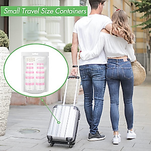 ZEJIA 10pcs Small Travel Containers, Pink Sample Containers with Screw Lids, 5 Size 3/5/10/15/20 Gram Sample Jars with 12pcs Labels and 2pcs Mini Disposable Spatula, Makeup Sample Containers BPA Free