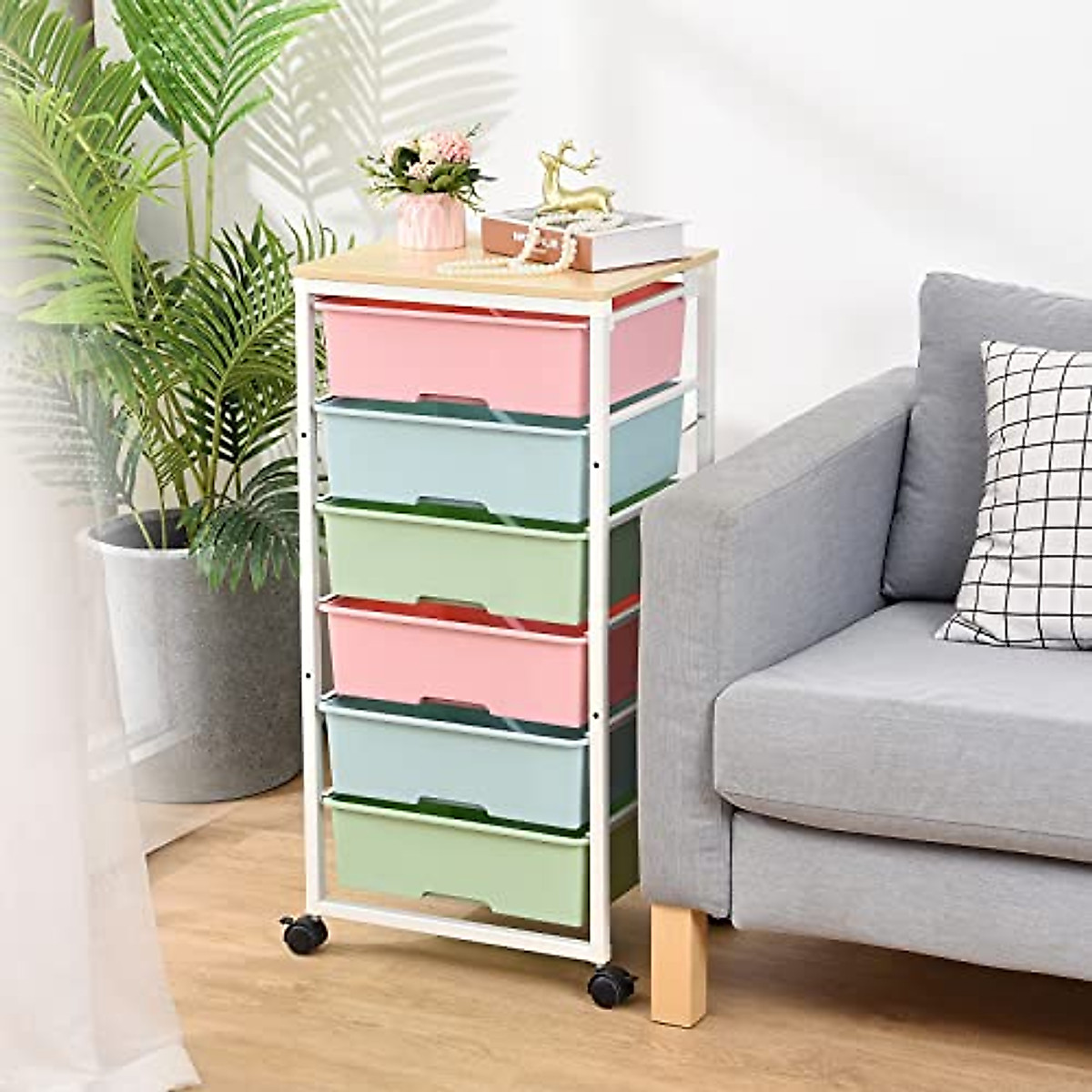 TOOLF Rolling Storage Cart with 6 Drawers, Wooden Tabletop, Easy Movement, Large Capacity, Durable Construction & Colorful Style in White Bar