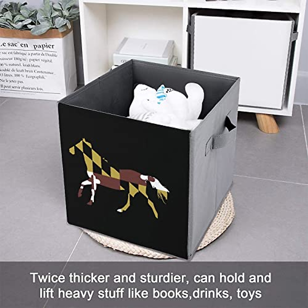 Maryland Flag Horse PU Leather Collapsible Storage Bins Canvas Cube Organizer Basket with Handles