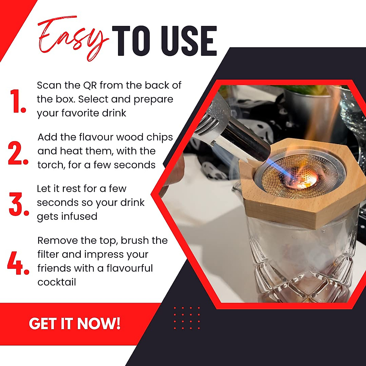 Bourbon-Old Fashioned Smoker with torch, 6 wood chips flavors, skull ice mold, e-book with 10 recipes, tea spoon and brush, in stylish box ready to gift. (Cocktail smoker kit - No butane)