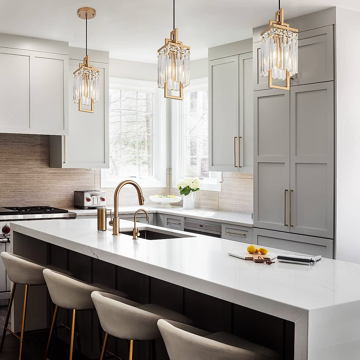 lighceac Modern Gold Pendant Light Fixtures for Kitchen Island and Dining Room, Industrial Small Hanging Crystal Chandelier Light Fixture for Bedroom Entryway Living Room Foyer Hallway 3-Pack