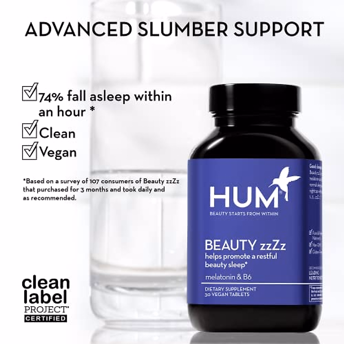 HUM Beauty zzZz - Melatonin Sleep Supplement with Blend of Vitamin B6 & Calcium - Non-GMO, Gluten-Free, Vegan (30 Tablets)
