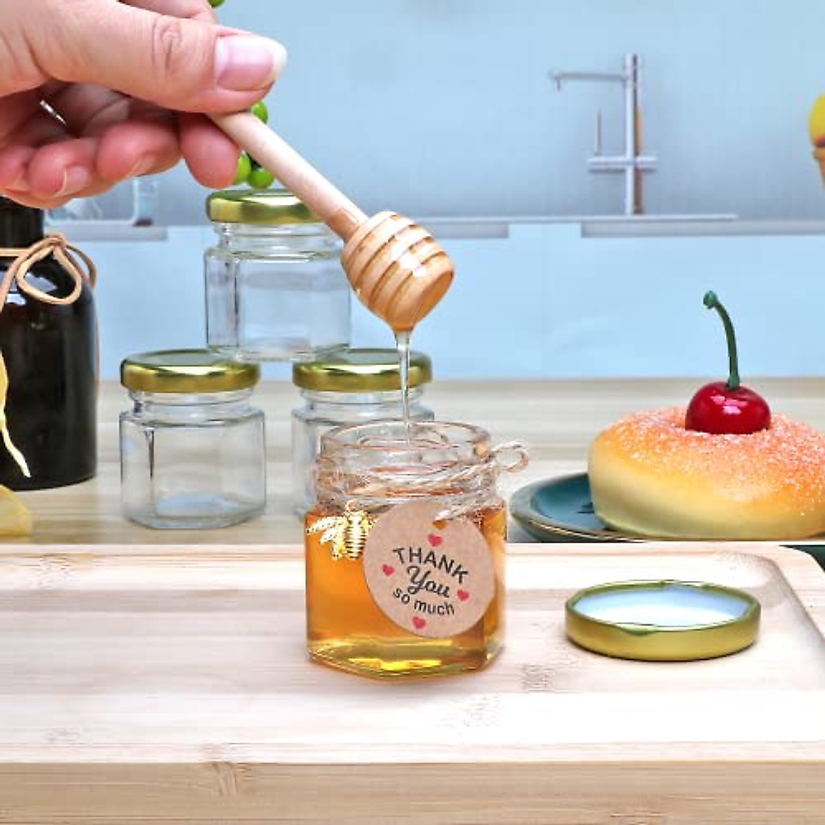 XING-RUIYANG 30 PACK 1.5 oz Mini Glass Honey Jar, Small Hexagonal Honey Jars with Wooden Dipper Gold Lid Bee Charms Gold Gift Bags and Rope for Baby Shower Wedding Party Favors