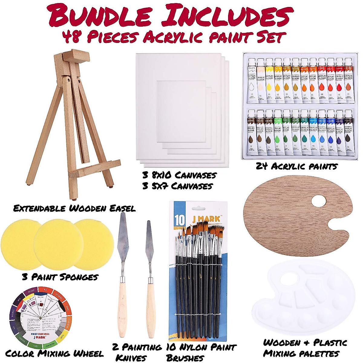 J MARK 48pc Deluxe Painting Kits for Adults - Includes Adjustable Wood Easel, Thick Canvases, Acrylic Paints, Brushes Set,Wooden and Plastic Palettes, 2 Painting Knives, 3 Sponges, Color Mixing Wheel