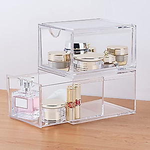 AMEITECH Stackable Cosmetic Organizer Drawers, Acrylic Clear Makeup Organizer, Vanity Container Drawer for Cosmetics, Skin Care, Hair Accessories, Bathroom Counter or Dresser - Set of 2