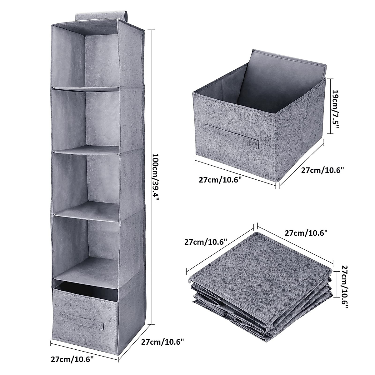 AHXNBDR Hanging Closet Organizers with Drawers, Cloth Hanging Shelves Space Saver, 5 Shelf Collapsible Hanging Closet Shelves with 1 Drawer 10.6”W x 10.6”D x 40”H