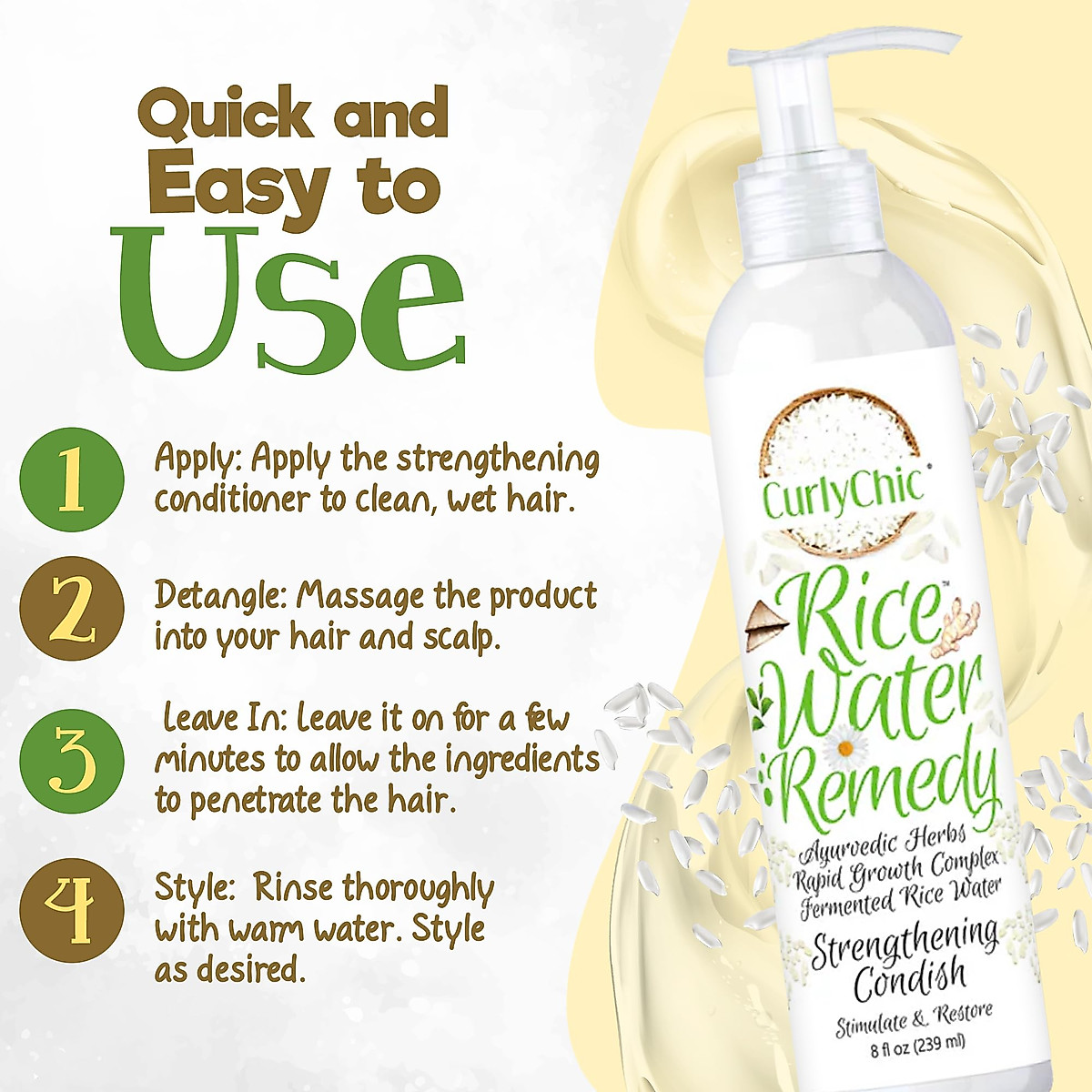 CurlyChic Rice Water Remedy Strengthening Condish - Ultra-Moisturizing, Protein-Balanced, Ayurvedic Herbs, Sulfate & Paraben-Free - Repairs & Protects Hair, Prevents Breakage & Split Ends - 8 fl oz