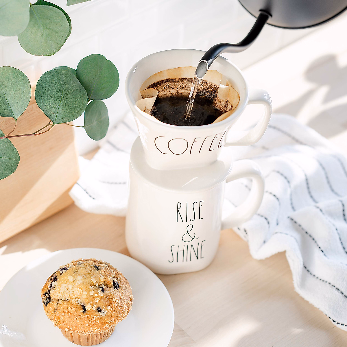 RAE DUNN Coffee Drip & Mug Set - Coffee Drip Cone with Large Coffee Mug - Rise & Shine - Gift for Coffee Lovers