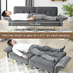 WinJoy Convertible Futon Sofa Bed with Folded Arms, Multi-Functional Velvet Sleeper Bed Reversible Couches with Storage and Adjustable Backrest, Armrests for Living Room, Apartment, Small Space Green