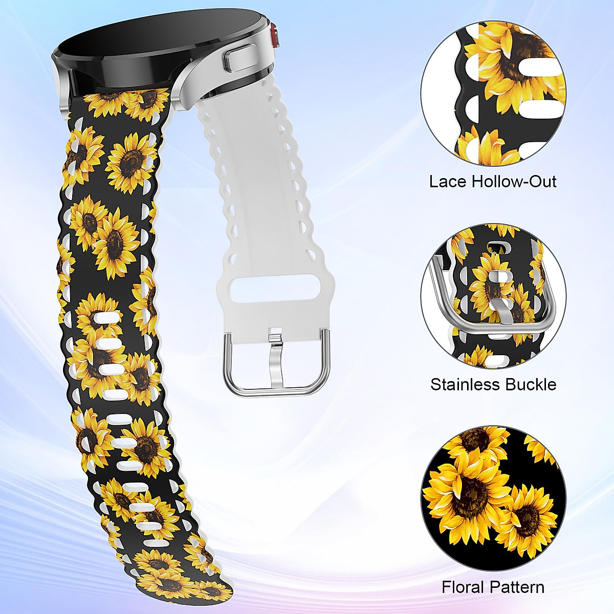 ZSMJ Compatible With Samsung Galaxy Watch 6/5/4 Band 40mm 44mm/Classic 43mm 47mm 42mm 46mm/Pro 45mm/Active 2/Watch 3 41mm, Slim Lace Floral Print Soft Silicone 20mm Quick Release Watch Bands for Women