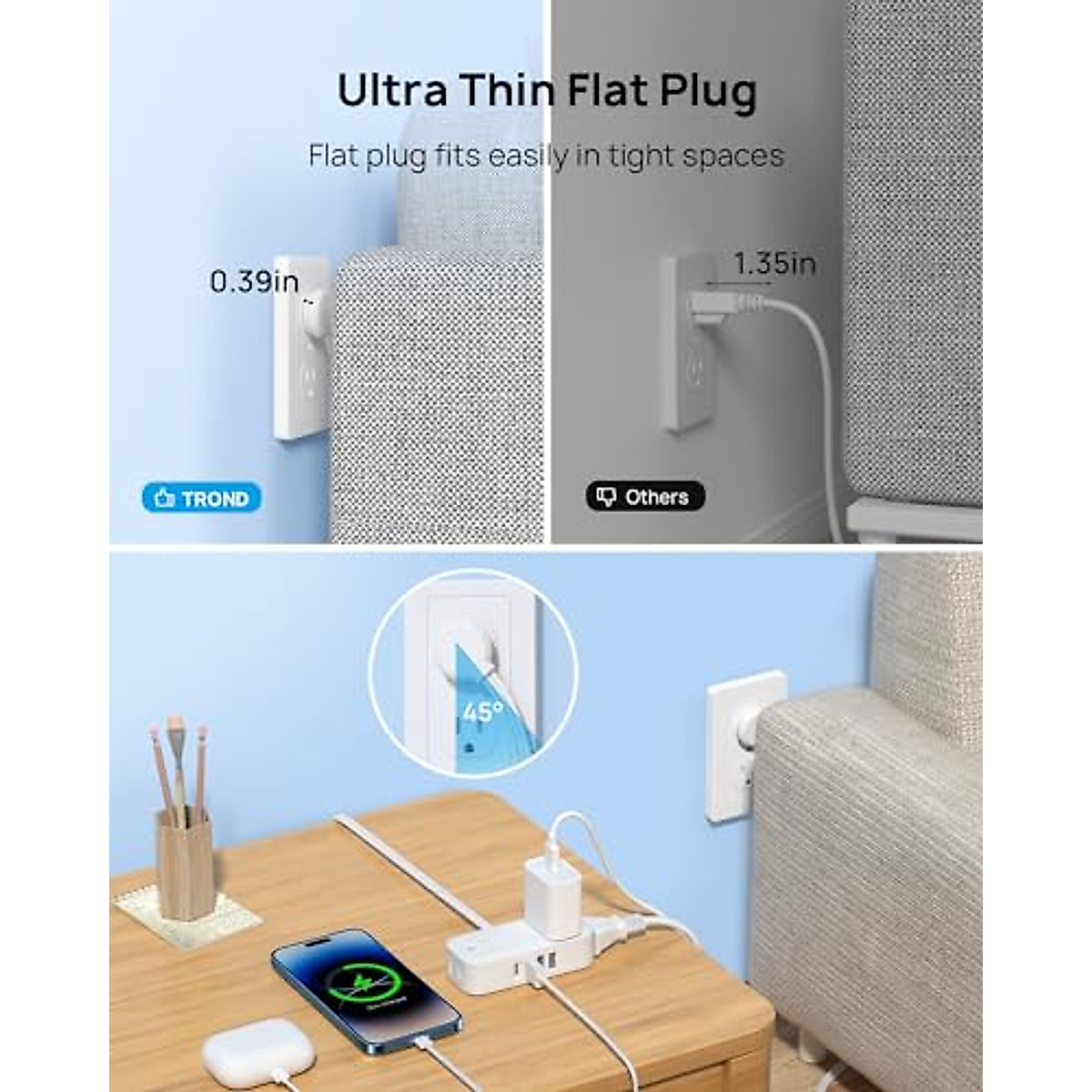 TROND Flat Plug Power Strip, 5Ft Ultra Thin Extension Cord, Travel Power Strip with 4 USB Charger (1USB C), 4 AC Outlets, No Surge Protector for Travel, Cruise Ship, Dorm Room Essentials, White