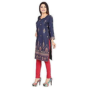 Indian Kurtas for Women Silk Long India Kurti Tunic Party Wear Tops (Blue, 3XL)