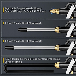 High Volume Air Blow Gun with Brass Adjustable Air Nozzle, Industrial Air Blower Gun with 2 pcs Steel Extensions and 13.7 Inch Universal Blow Hose, Pneumatic Air Gun Air Compressor Accessories Tool