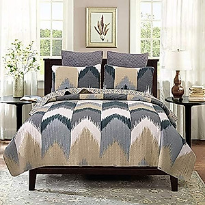 YAYIDAY Bedspread Quilt Set Queen Size - Peach Skin Fabric - Breathable Coverlet with Pillow Shams, Geometry Pattern Modern Grey Beige Black Chevron