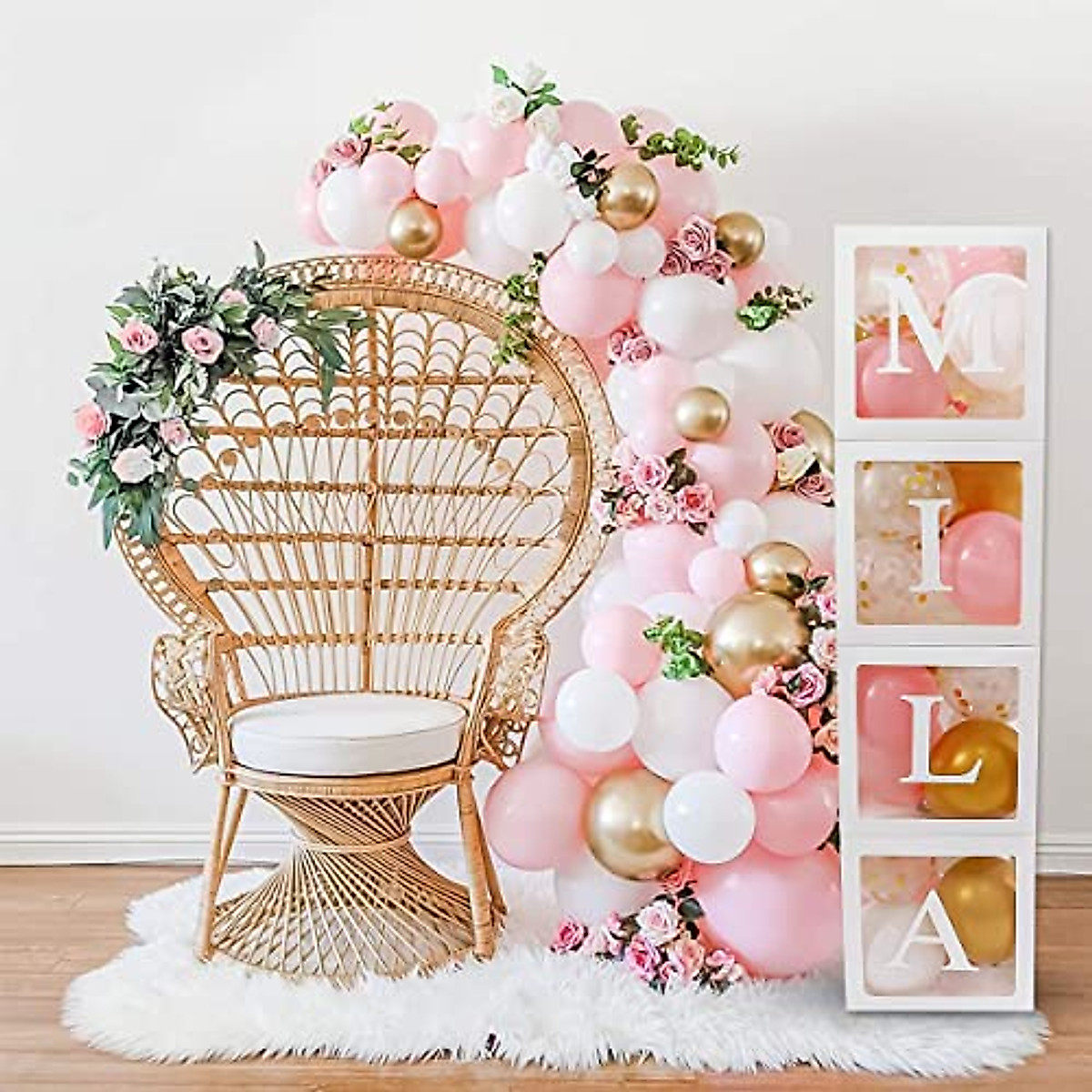 82 PCS Baby Shower Decorations for Girl - Jumbo Transparent Baby Block Balloon Box Includes BABY, A - Z Letters DYI, White Pink Gold Confetti Balloons, Gender Reveal Party Supplies, 1st Birthday Décor