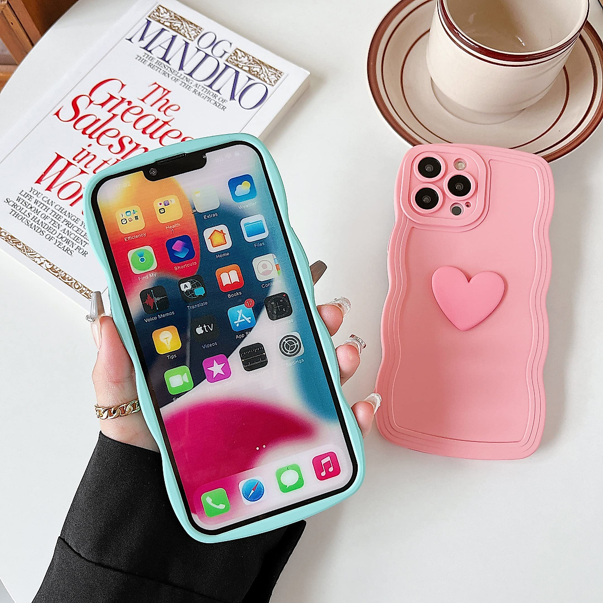 Qokey Case(6.7" 2021), Cute 3D Colors Love Heart Wavy Frame Full Protection for iPhone 13 Pro Max 6.7" Soft TPU Shockproof Phone Cover for Women Girls,Pink