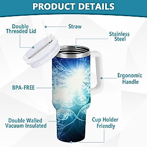 RPLIFE Galactic Bloom Blue 40 Oz Tumbler with Handle and Straw, Stainless Steel Tumbler, Insulated Coffee Mug with Lid
