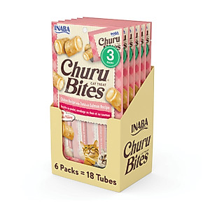 INABA Churu Bites for Cats, Soft Baked Chicken Churu Filled Cat Treats with Green Tea Extract, 0.35 Ounces Each Tube, 18 Tubes Total (3 per Pack), Tuna with Salmon Recipe