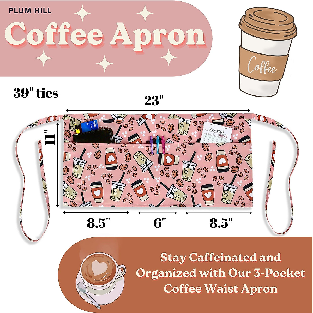 Plum Hill Coffee Server Waist Apron - Waitress Apron with 3 Pockets - Cute Half Apron for Baristas Cleaning Vendors and Teachers - Waitress Accessories