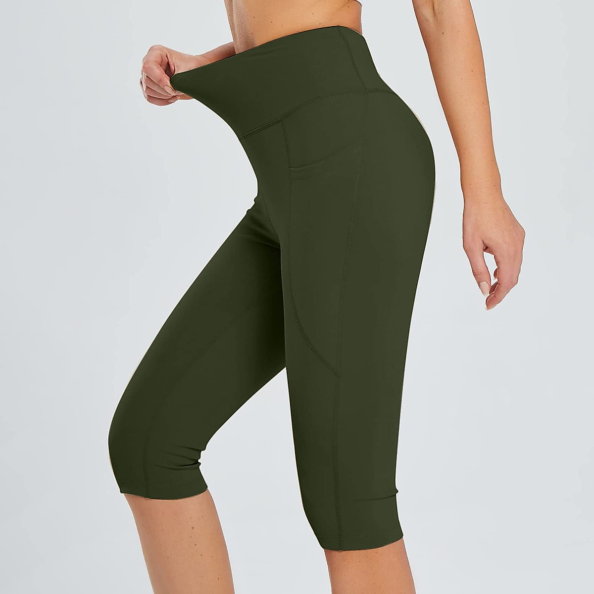 Capri Leggings for Women Knee Length Butt Lift Tights Tummy Control Yoga Workout Exercise Capri Pants with Pockets Army Green
