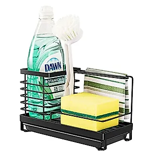 Oyydecor Sink Caddy, Sponge Holder for Kitchen Sink Organizer, 304 Stainless Steel Rustproof Countertop Sponge Brush Soap Holder with Drain Pan for Counter (Black)
