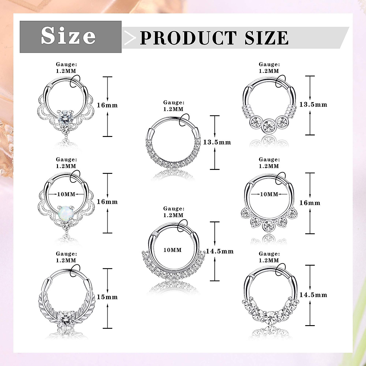 LOYALLOOK 8PCS 16G Septum Clicker Ring Stainless Steel CZ Opal Cartilage Helix Tragus Hoop Daith Earrings Nose Hinged Segment Ring Piercing Jewelry 10MM