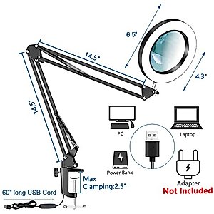 Magnifying Glass with Light, 5X Lighted Magnifying Glass 3 Color Modes Stepless Dimmable 72 LEDs Magnifying Lamp, Magnifier with Light Desk Lamp with Clamp for Crafts Workbench (Adapter Not Included)