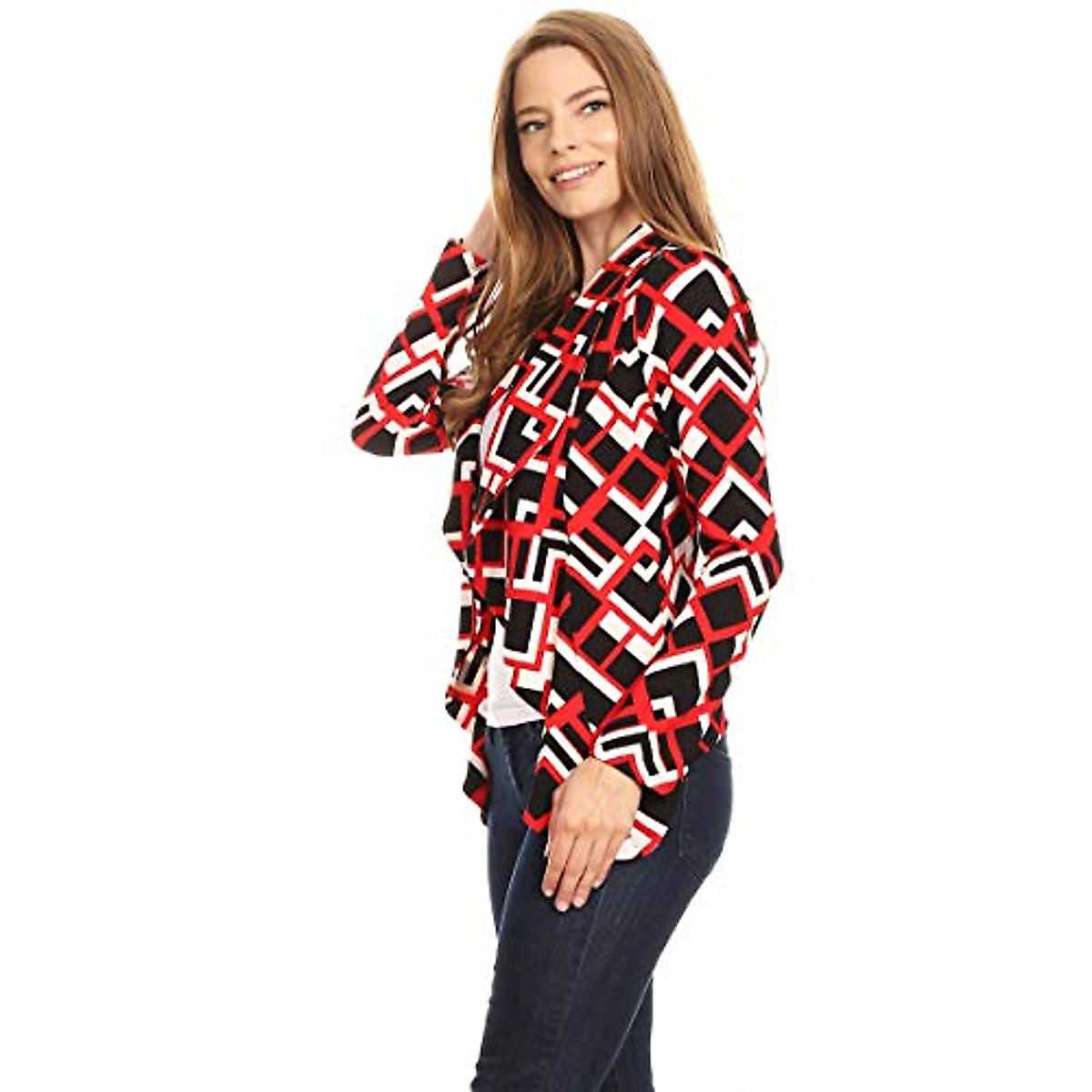 Pattern Print Casual Office Long Sleeve Open Front Blazer Jacket/Made in USA Zigzag Red White S