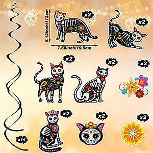 30 Pcs Day of The Dead Decorations Mexican Skeleton Cat Swirl Hanging Ornaments DIY Sugar Skeleton Cat Cutouts for Halloween Cinco De Mayo Dia De Muertos Party Supplies