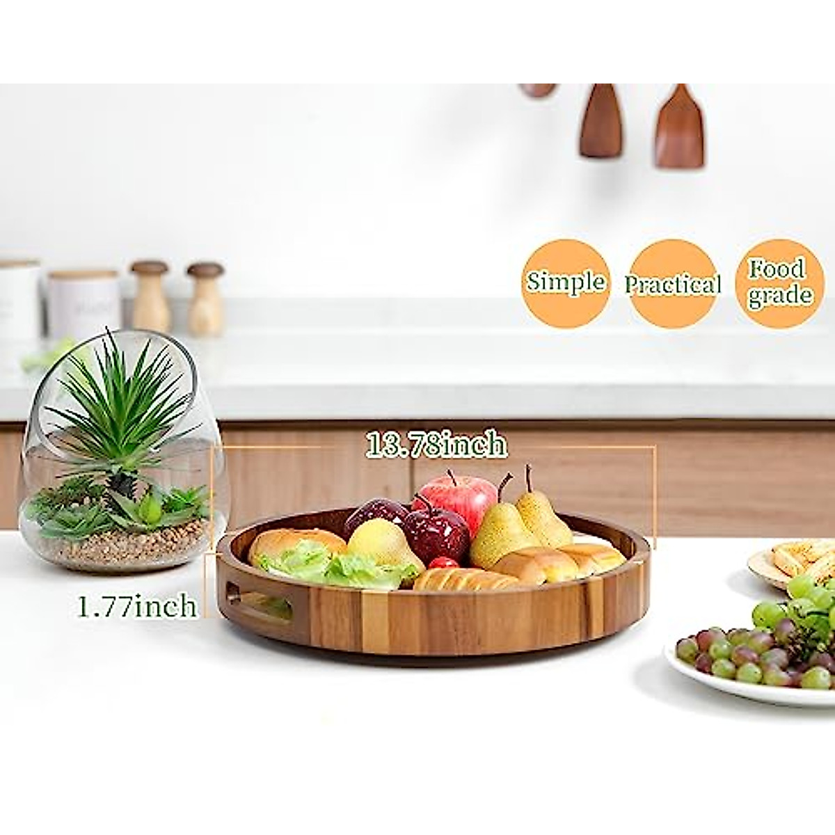 Lazy Susan Wooden Round Tray with Built-in Handles, Farmhouse Wood Serving Tray with Rotating System, Multifunctional Organizer Tray for Home Decorations Bath Vanity Tray Kitchen Counter Ottoman Tray
