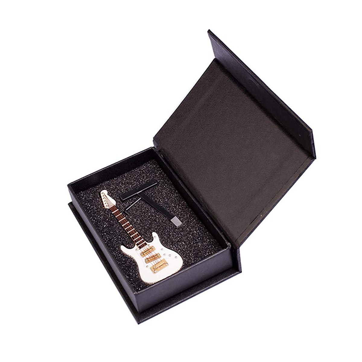 M4MUSIC Electric Guitar Collectible Miniature Dollhouse Music Instrument Miniature Replica Guitar with Stand and Case - 4 Inches (White)