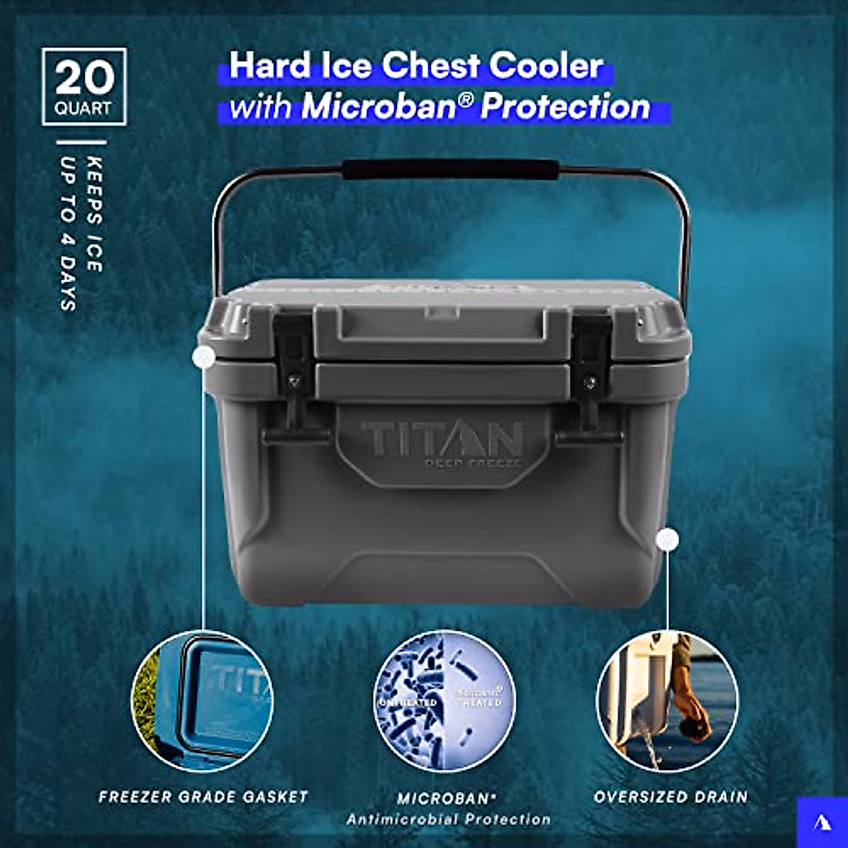 Arctic Zone Titan Deep Freeze 20Q Premium Ice Chest Roto Cooler with Microban Antimicrobial Protection, Gray