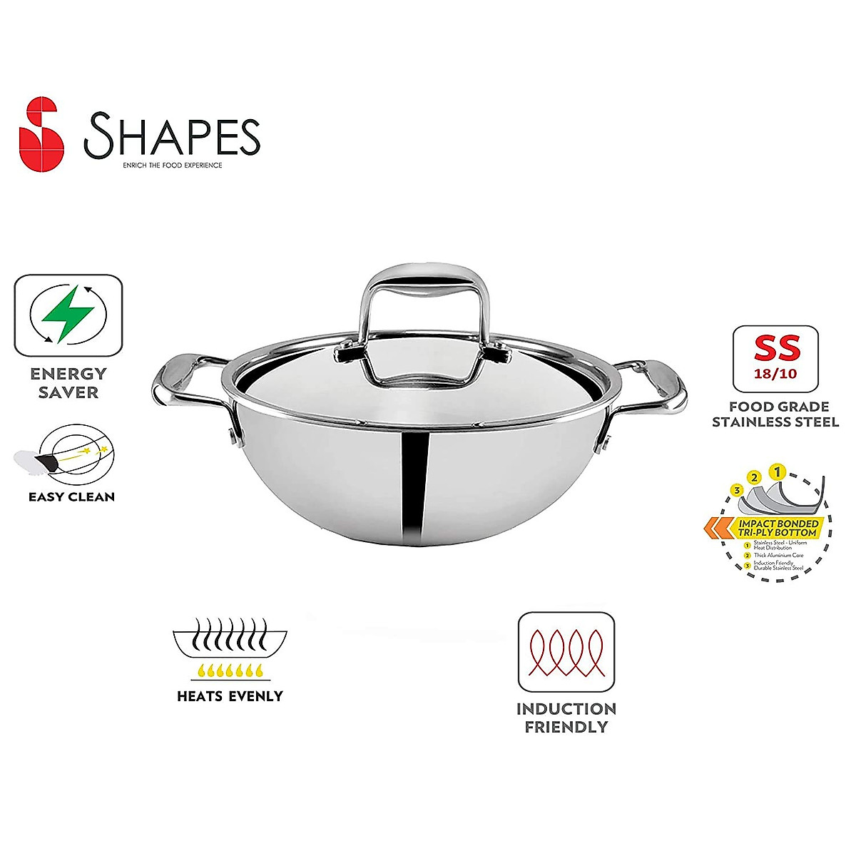 Shapes Stainless Steel Cookware Tri-Ply Wok with Lid, Multipurpose Pan, Capacity - 4 Quart, Silver - Use for Home, Kitchen and Restaurant - Easy to Clean and Dishwasher Safe