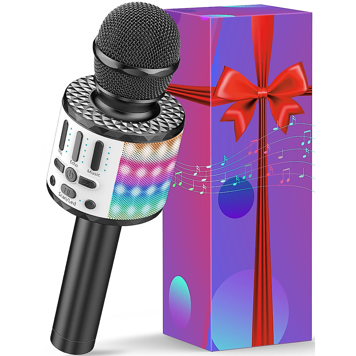 Karaoke Microphone for Kids Adults, Wireless 4 in 1 Handheld Bluetooth Microphone with LED Lights, Portable Smartphone Speaker Boys Girls Singing Toys for Home KTV Outdoor Christmas Birthday Party