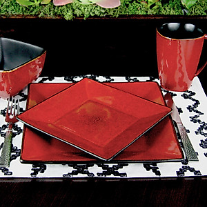 Elama Stoneware Square Dinnerware Dish Set, 16 Piece, Solid Red