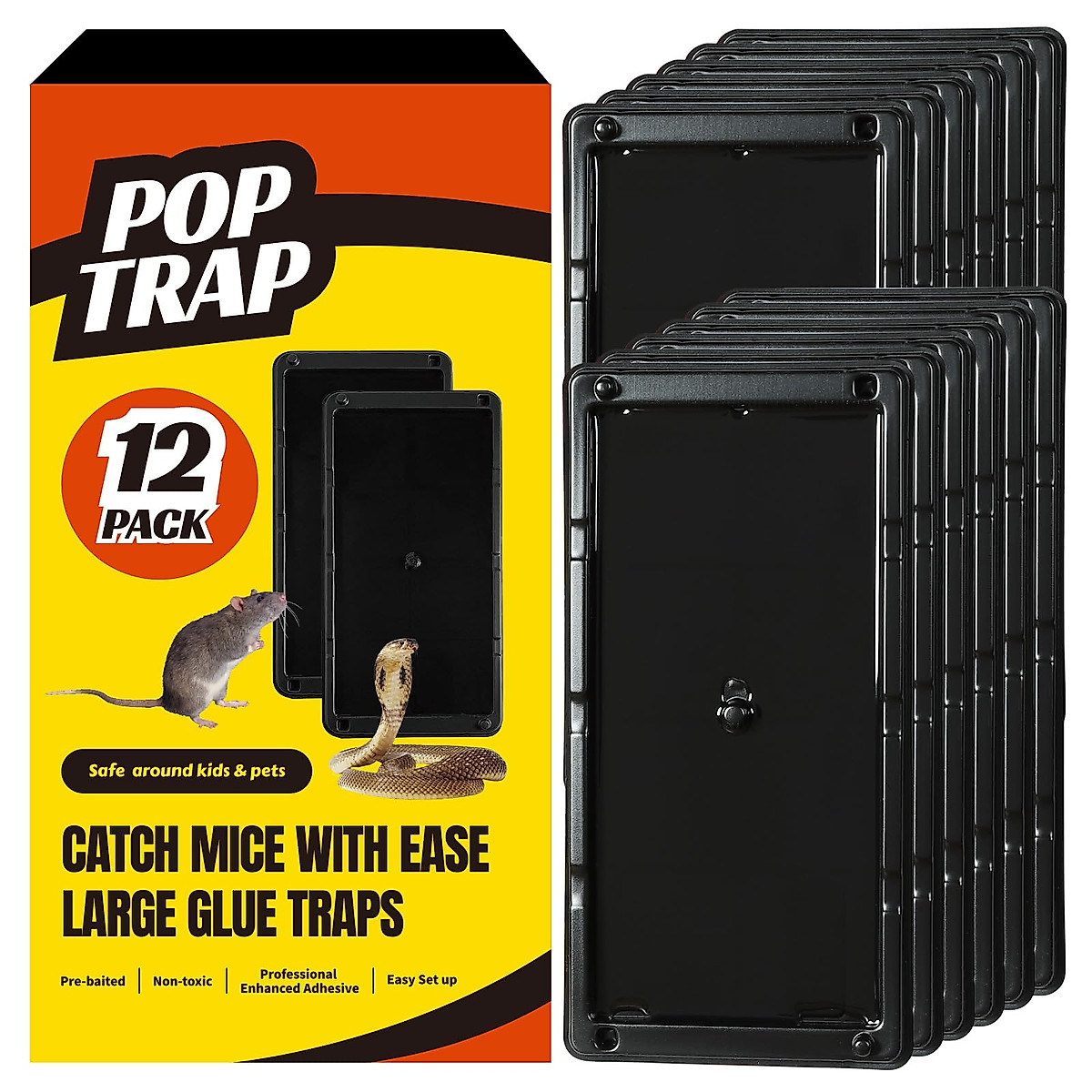 POPTRAP Rat Trap Heavy Duty & Large - 12 Pack, Super Sticky Mouse Trap with Ultra-Strong Glue, Mouse Glue Trap with Scent of Peanut Butter for Indoor & Outdoor, Non-Toxic & Long-Lasting