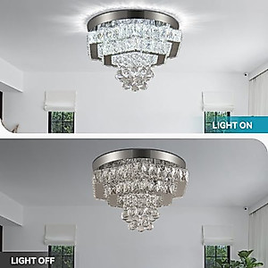 Finktonglan Modern Crystal LED Ceiling Light 2 Layers Flush Mount Fixture Chandeliers Stainless Steel Lamp for Living Room Dining Room Bedroom Hallway