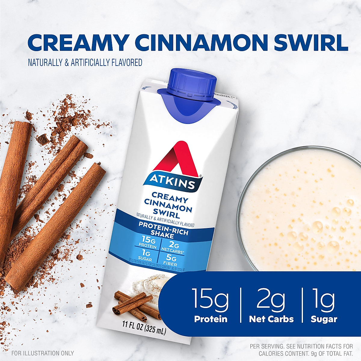 Atkins Creamy Cinnamon Swirl Protein Shake, 15g Protein, Low Glycemic, 2g Net Carb, 1g Sugar, Keto Friendly, 12 Count